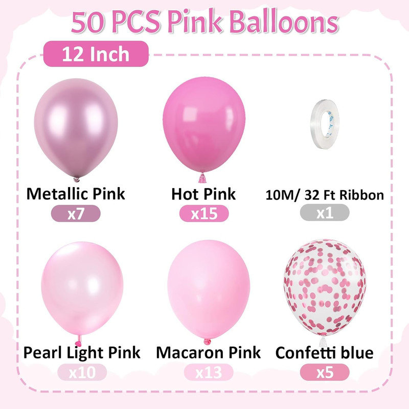 The Party Aisle™ Pink Balloons Set, 50 Pcs 12 Inch Metallic Pink Pastel Pearl Light Pink ...